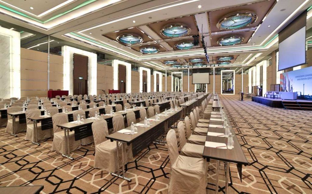 Elegant Ballroom With Circular Chandeliers and Sleek Finishes for Grand ...